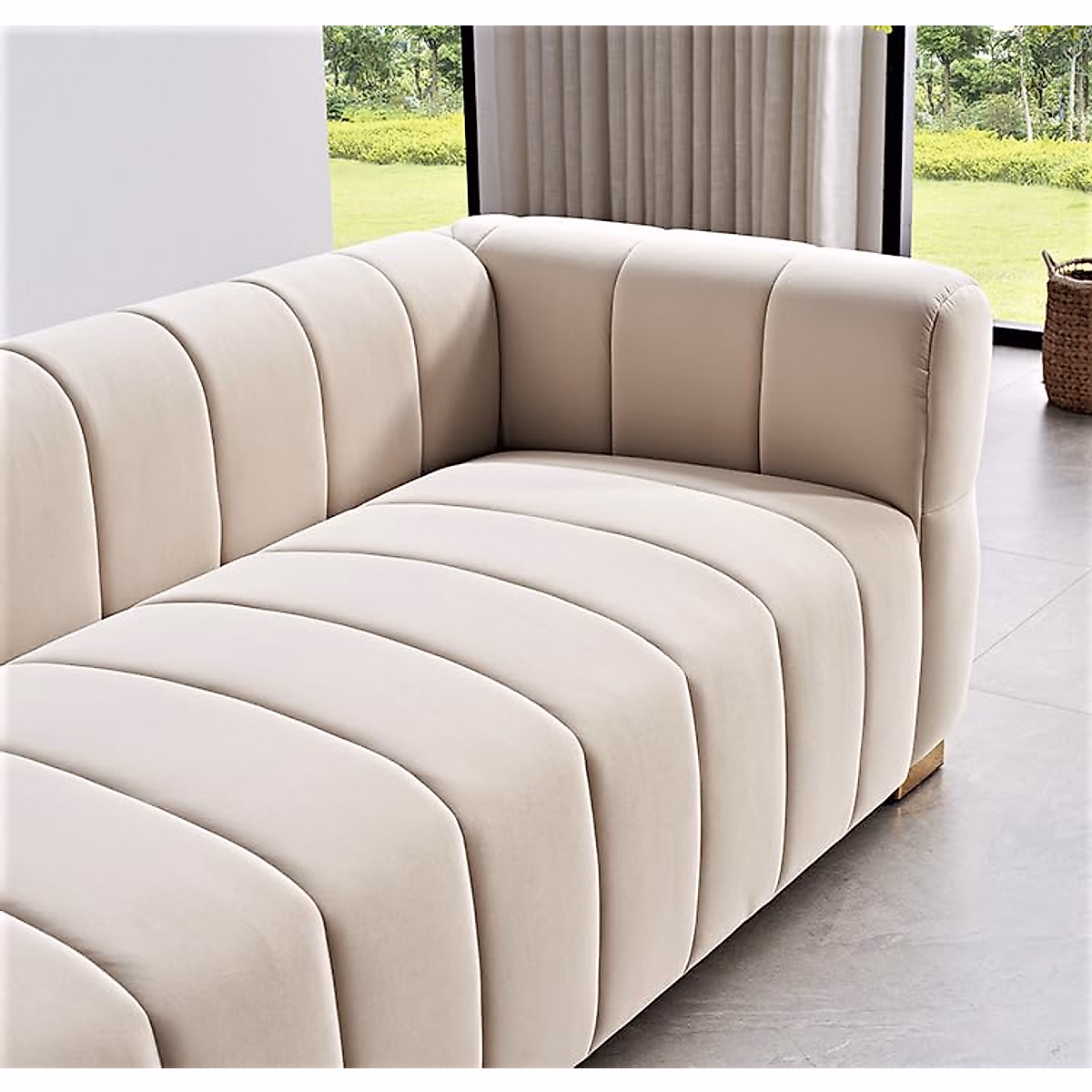 Container Furniture Direct Art Deco Velvet Sofa with Tufted Low Back Design, Sophisticated 3 Seater Couch for Living Rooms, 89 Inch Wide, Easy Assembly, Beige