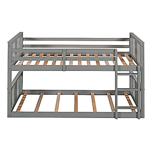 Twin Bunk Beds Low Bunk Bed Frame Wood Twin Over Twin Bunkbed for Kids Toddlers Boys Girls Bedroom, Gray