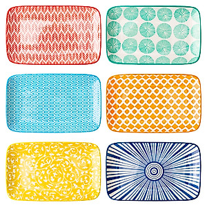 KitchenTour Rectangular Serving Platter, 9.5 inch Appetizer Plates Ceramic Dinner Plates Serving Trays Set of 6 for Salad, Sushi, Fruit, Microwave and Dishwasher Safe