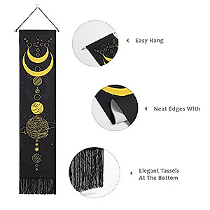 Lourny Sun and Moon Phase Wall hanging - 2 Pcs Long Black and White Tapestry Starry Night Sky Small Tapestries Decor for Bedroom Living Room(Black+White Moon)