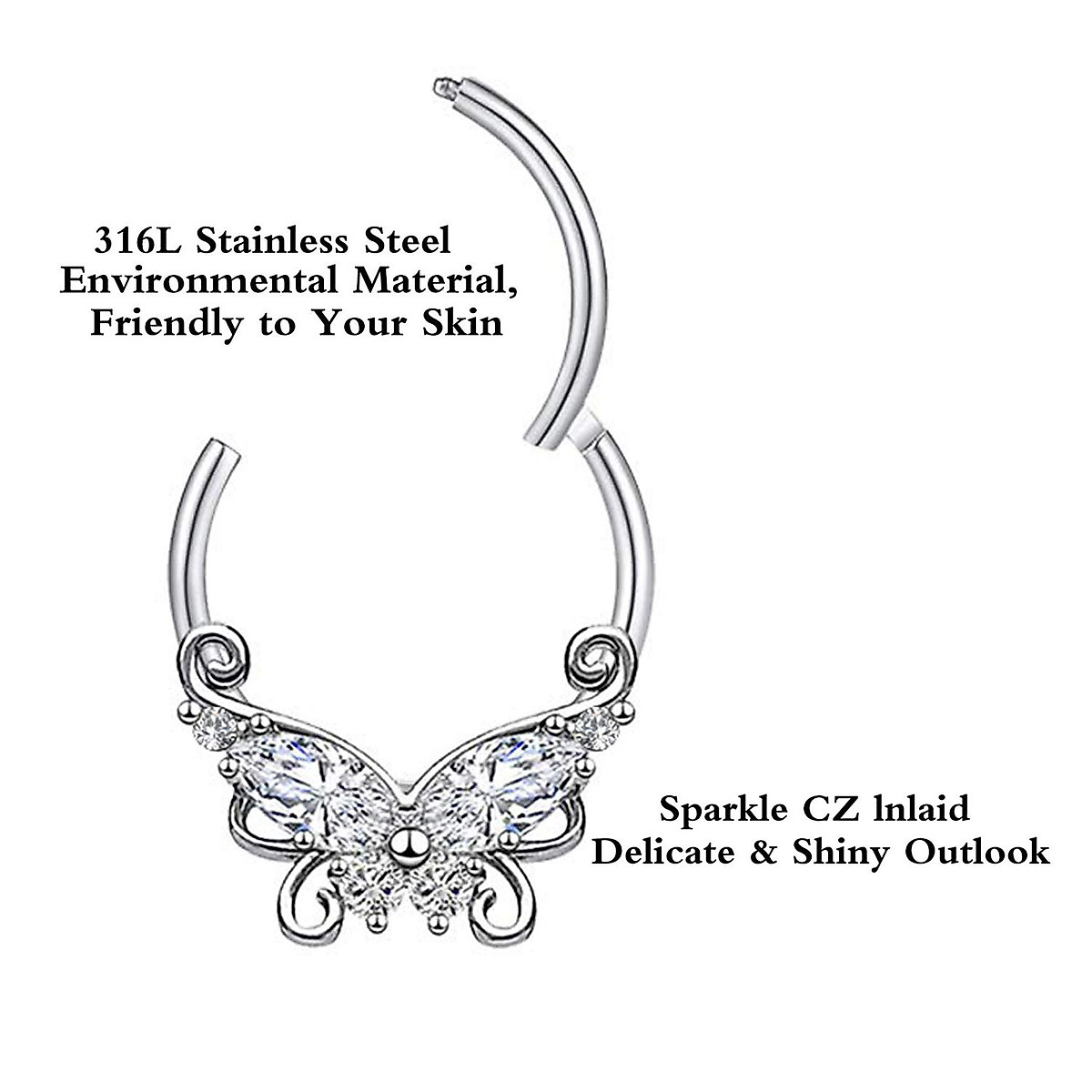 CHARM ONLINE 16G 316L Stainless Steel Daith Earrings Hoop Butterfly Nose Ring Septum Hoop Hinged Segment Clicker Daith Clicker Helix Ear Piercing Tragus Conch Piercing Jewelry