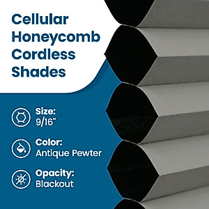 BlindsAvenue Cellular Honeycomb Cordless Shade, 9/16" Single Cell, Blackout, Antique Pewter, Size: 23.5" W x 48" H