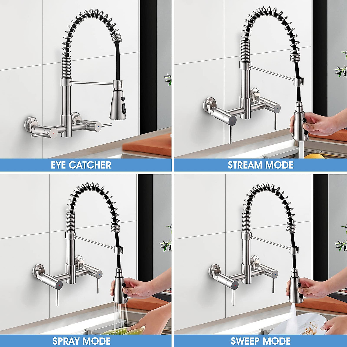 Dornberg Wall Mount Kitchen Faucet with Sprayer, 8 Inch Center Commercial Kitchen Sink Faucet, Spot-Free Stainless Steel, 2 Handle for Easy Controlled Cold and Hot Water - Brushed Nickel