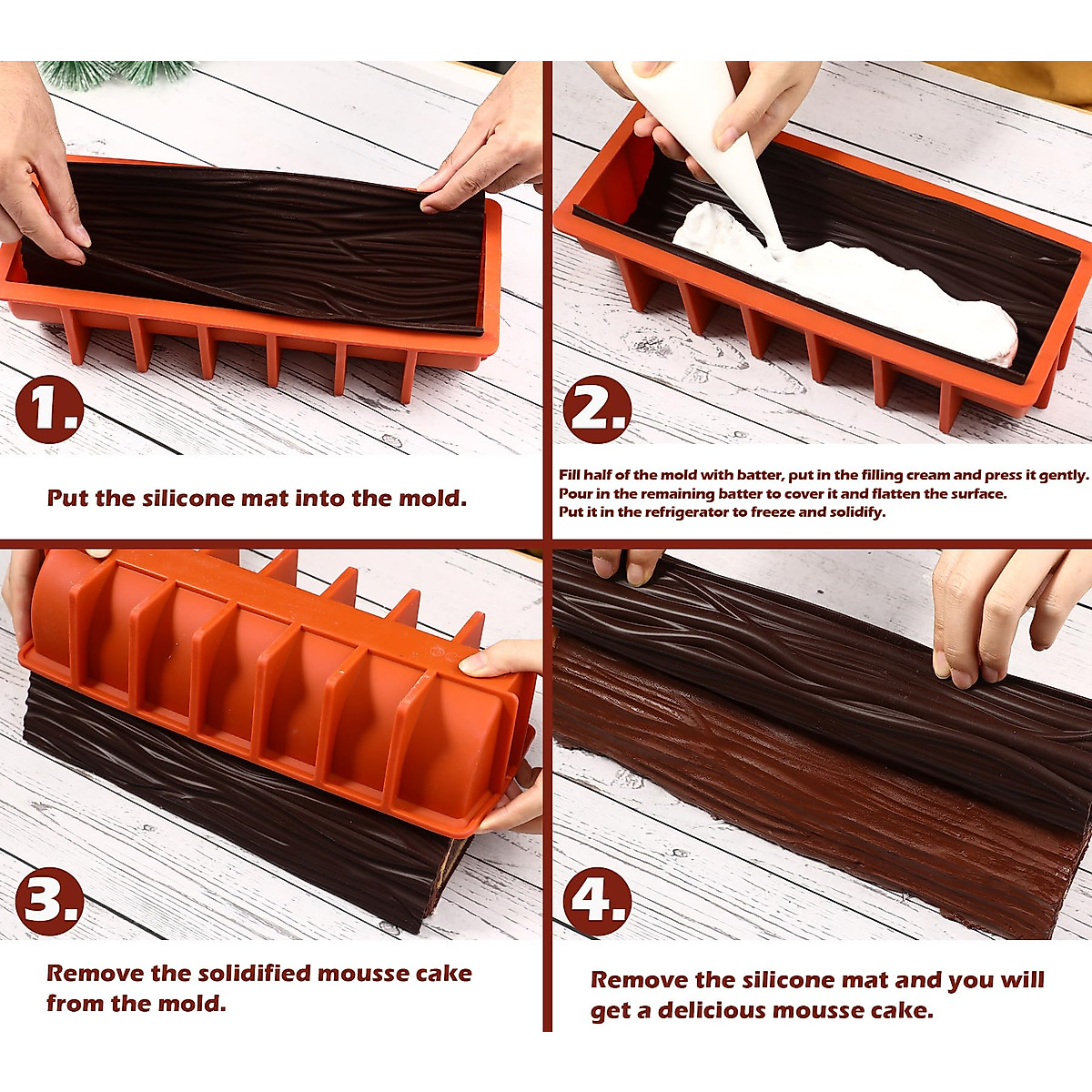 Webake Yule Log Cake Pan Silicone Yule Log Cake Mold with 2 Bark Mat, Christmas Cake Mold for Cake, Jello, Dessert, Great for Christmas