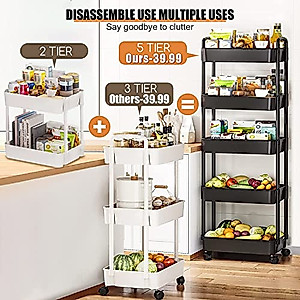 5-Tier Rolling Cart, Multipurpose Utility Cart, Rolling Carts with Lockable Wheels, Storage Cart Craft Cart Organizer for Bathroom Laundry Kitchen,Used as Book Art Snack lash Makeup Diaper cart,Black