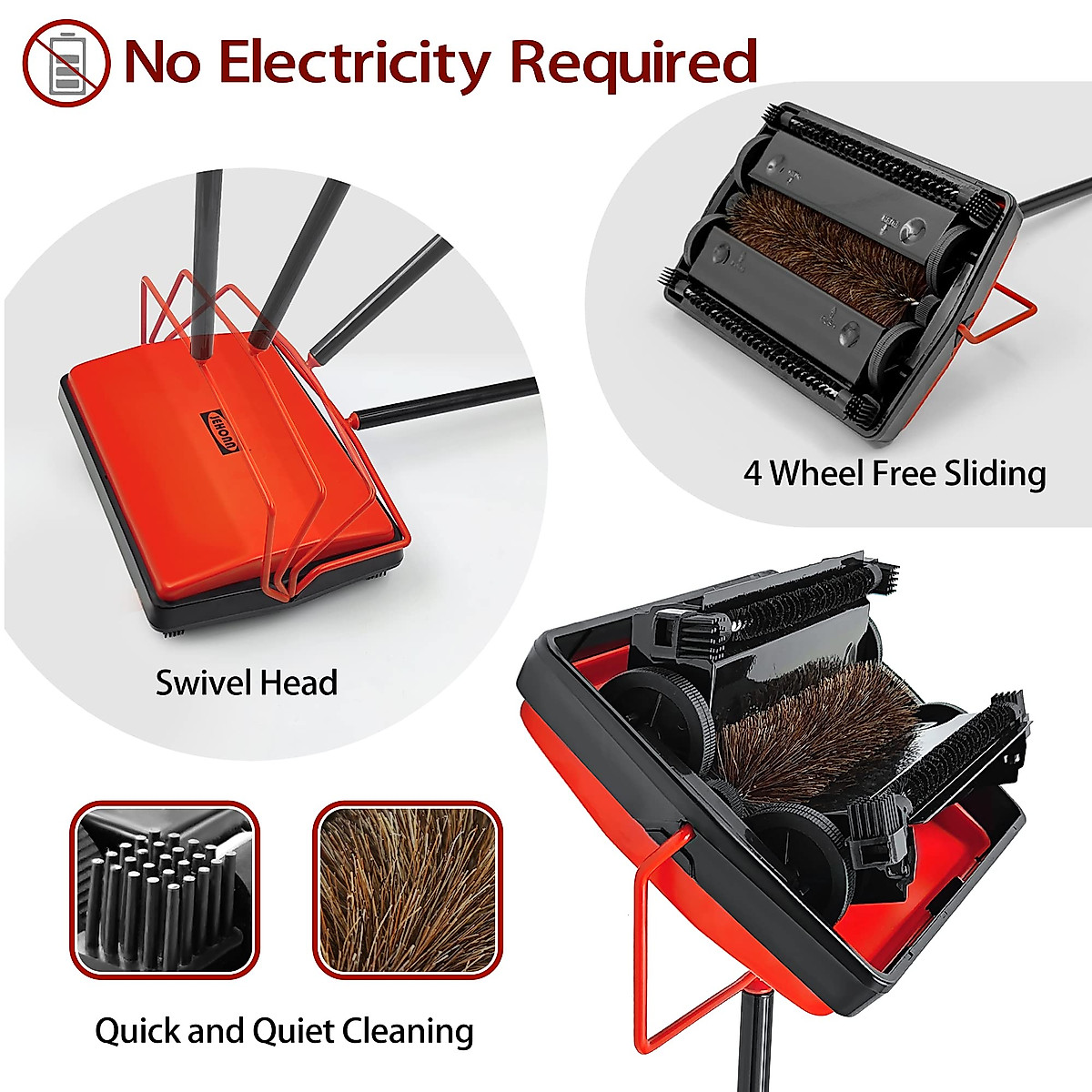 JEHONN Carpet Floor Sweeper Manual with Horsehair, Dust Mop for Floor Cleaning with 2 Washable Microfiber Pads