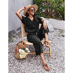 Ekouaer Womens Short Sleeve Top Wide Leg Pants Sleepwear Cotton Linen Loungewear Pajama Set, Black, Medium