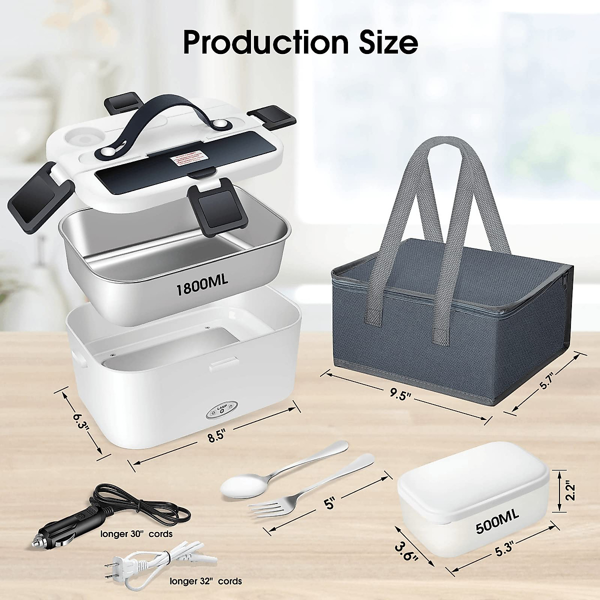 FCCABIN Electric Lunch Box, 1.8L Larger 80W Quick Food Heater for Adults, Self Heating Lunch Box Portable for Taxidriver/Men/Truckers/Car/Worker Food Warmer Hot Lunch Container with 0.5L Compartment