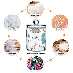 2 PACK Cartoon Dinosaur Qtip Holder Dispenser for Cotton Ball, Cotton Swab, Cotton Round Pads, Floss Picks - Plastic Apothecary Jar Set for Bathroom Canister Storage Organization