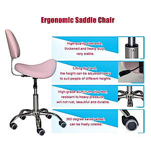 NUNETH Saddle Stool Pink Saddle Chair with Back Support, Esthetician Seat for Dental Office Massage Hospital Clinic, Rolling Chair with Wheels