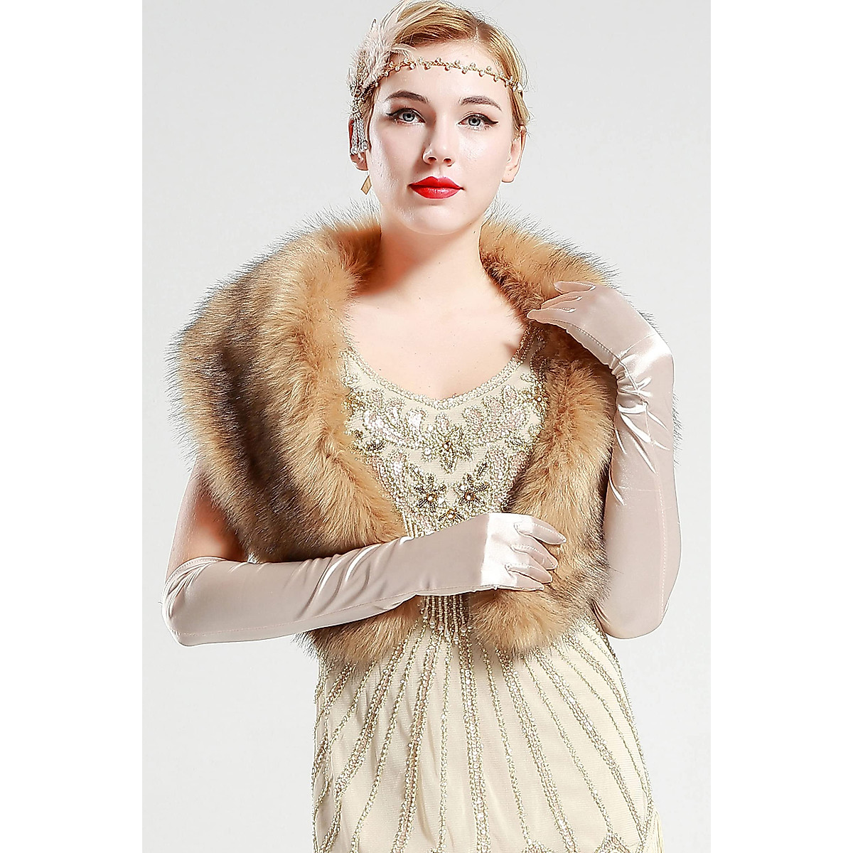 BABEYOND Women’s Faux Fake Fur Collar Shawl Faux Fur Scarf Wrap for Winter Coat 1920s Flapper Outfit 120cm/47.2" Long (Camel)