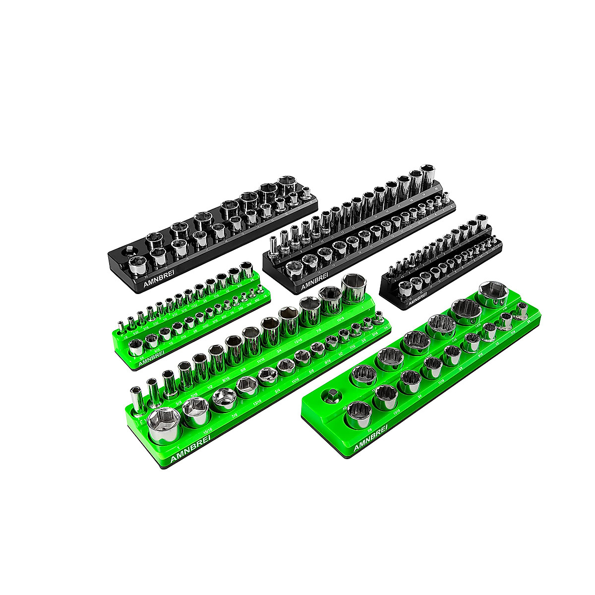 AMNBREI Magnetic Socket Organizer, 6 Piece Set Metric and SAE Magnetic Socket holders Holds 143 Sockets, 1/2-inch, 3/8-inch, 1/4-inch Drive， Attaches to Metal Wall, Organizer Tool Box, Green and Black
