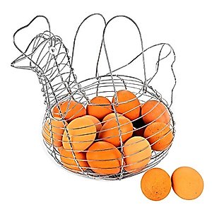 Southern Homewares Chicken Hen Shaped Egg Collection Storage Wire Basket Farmhouse Style Organization Chrome