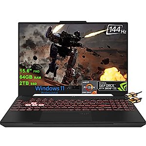 ASUS TUF Gaming A15 Laptop 15.6" FHD 144Hz (Adaptive-Sync) AMD Ryzen 6000 Series 8-core Ryzen 7 6800H (Beat i7-11370H) 64GB RAM 2TB SSD GeForce RTX3050Ti 4GB RGB Backlit Hi-Res Win11Pro + HDMI Cable