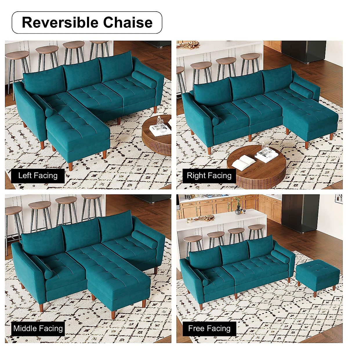 Belffin Reversible Sectional Sofa Couch Mid-Century Modern Velvet L Shaped Sofa 3-Seat Sofa Sectional with Reversible Chaise Foot Rest for Apartment and Small Space Peacock Blue