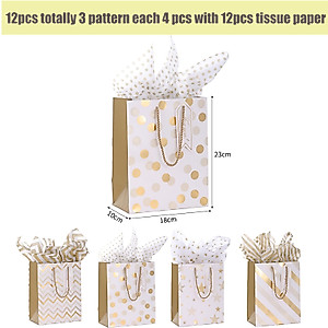 Dimetey 12pcs 9" Gift Bags, Medium Size Paper Bags with Tissue Paper, White Gold Wrap Paper Gift Bags with Handles for Shopping Party Wedding Baby Shower Holiday Presents (Gold)