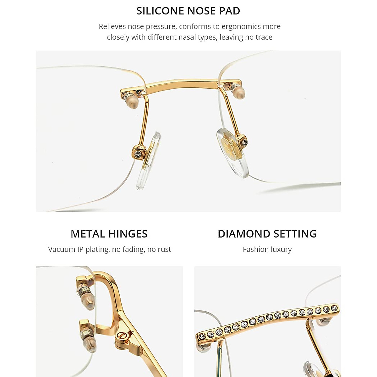 HEPIDEM Vintage Style Rectangular Rimless Metal Eyeglasses for Men Frameless Zircon Diamonds Glasses Frame (50254 Silver)