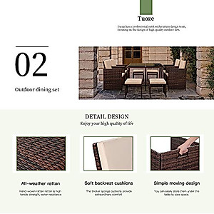 Tuoze 9 Pieces Furniture Dining Outdoor Sectional Rattan Patio Conversation Space Saving Cushioned Sets with Glass Table for Garden Poolside Balcony (Brown), Beige