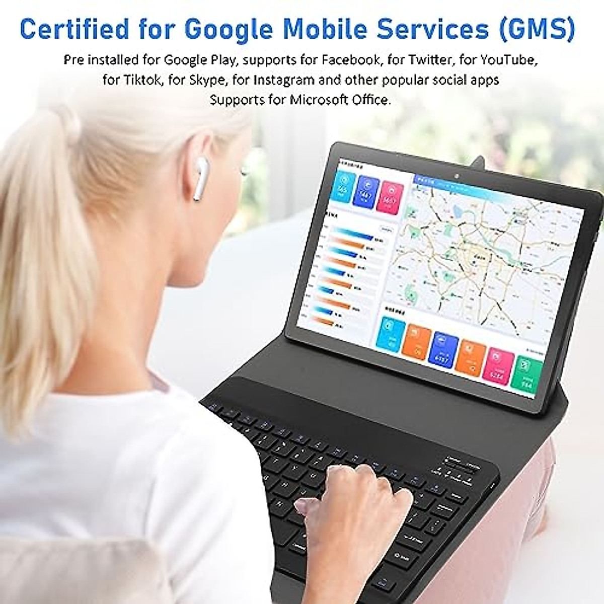 10.1 Inch Android 12 Tablet, 2 in 1 Tablet with Bluetooth Keyboard, Leather Case, TWS Headset, 4GB RAM, 64GB ROM, 5G WiFi, 8800mAh Battery (US Plug)