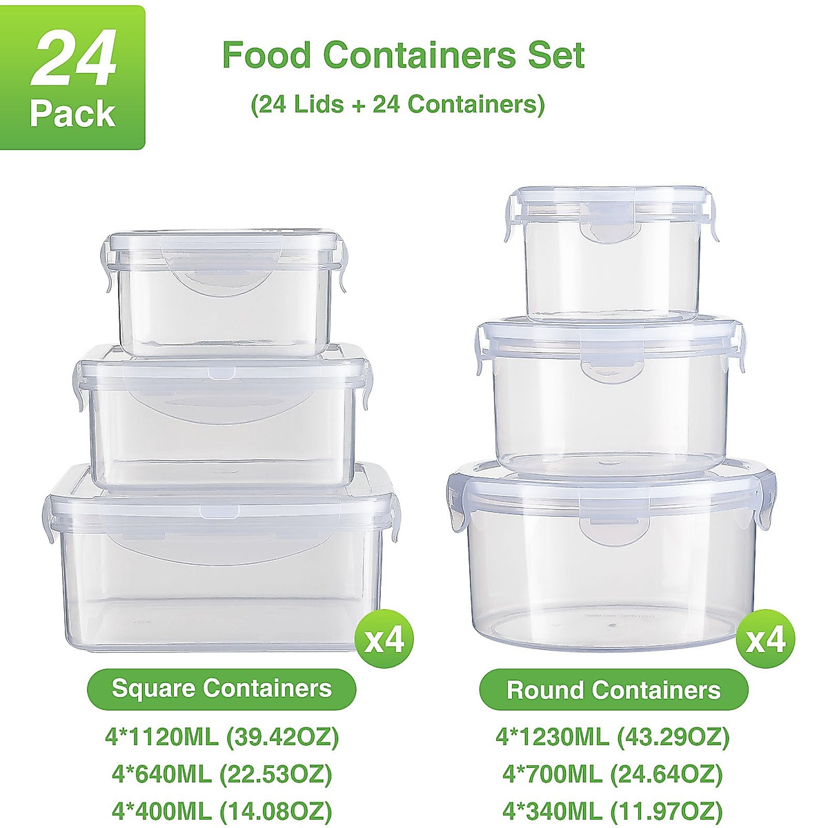 UULID 48 PCS Food Storage Containers with Lids (24 Containers & 24 Lids) Leakproof Reusable BPA Free Food Storage Containers Snap Lid plastic Meal Prep Containers locking Lids