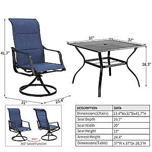 PatioFestival Patio Dining Set 5 Pieces Metal Frame Outdoor Furniture Sets Outside Swivel Rocker Chairs Suqare Table with All Weather Frame (Blue)