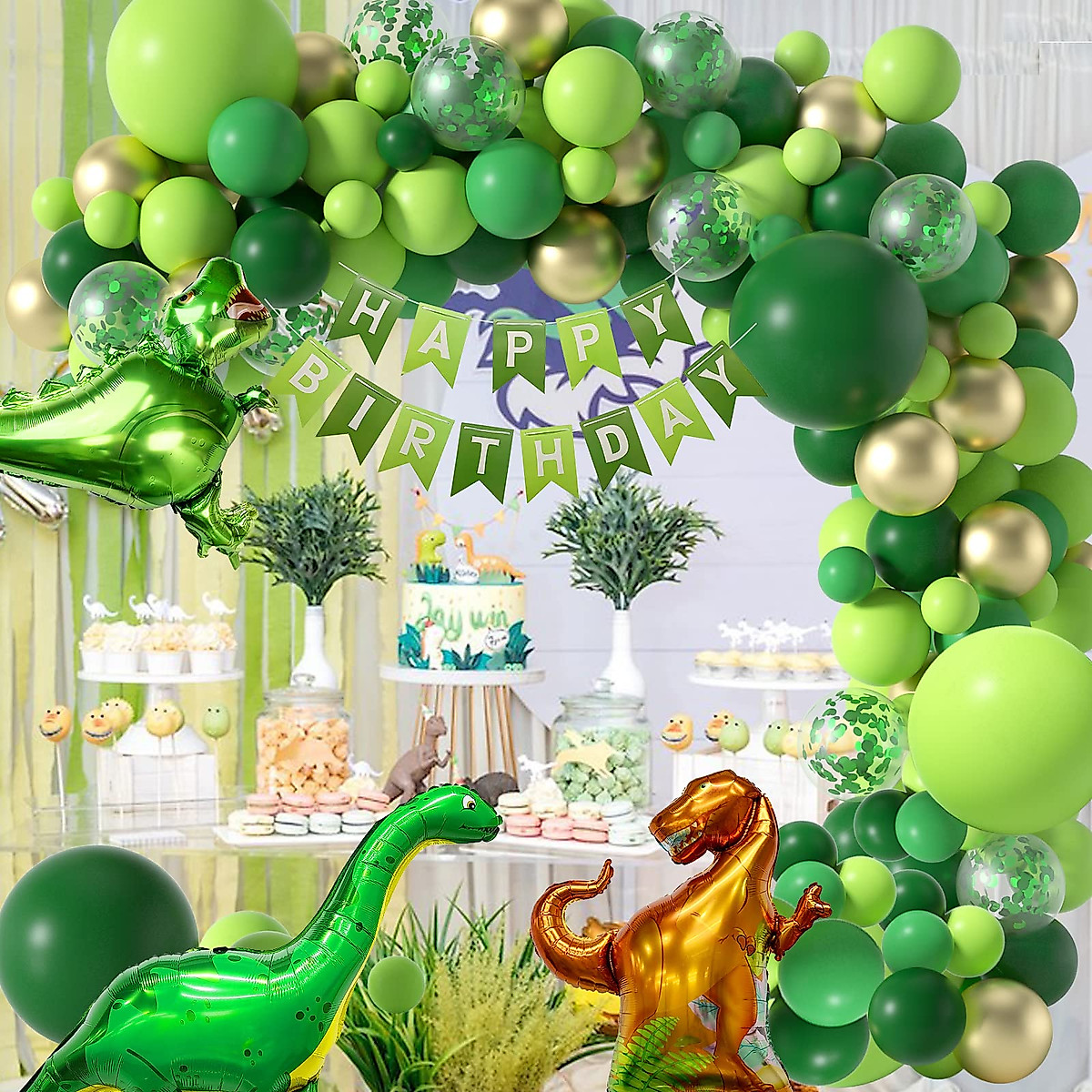 Janinus Dinosaur Party Balloon Garland Kit-119PCS Jurassic World Three Rex Balloon Arch Kit With Green Gold Balloons 4D T-Rex Balloons For Dinosaur Jungle Jurassic Safari Theme Birthday Party Decor