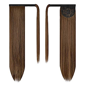 BARSDAR 26 inch Ponytail Extension Long Straight Wrap Around Clip in Synthetic Fiber Hair for Women - Dark Brown mix Auburn Evenly