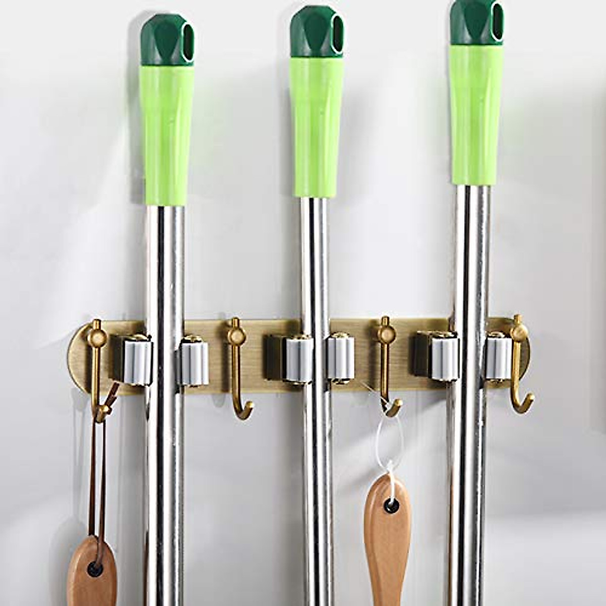 Fiunkes Mop Broom Holder Wall Mount Garden Tool Organizer, Brass Heavy Duty Tool Hanger with 3 Racks 4 Hooks for Kitchen Bathroom Closet Garage Office Laundry