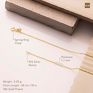 Amberta 18K Gold Plated on Sterling Silver 1.2 mm Ball Bead Chain Necklace Size: 16 18 20 22 24 28 inch / 40 45 50 55 60 70 cm (20inch/50cm)