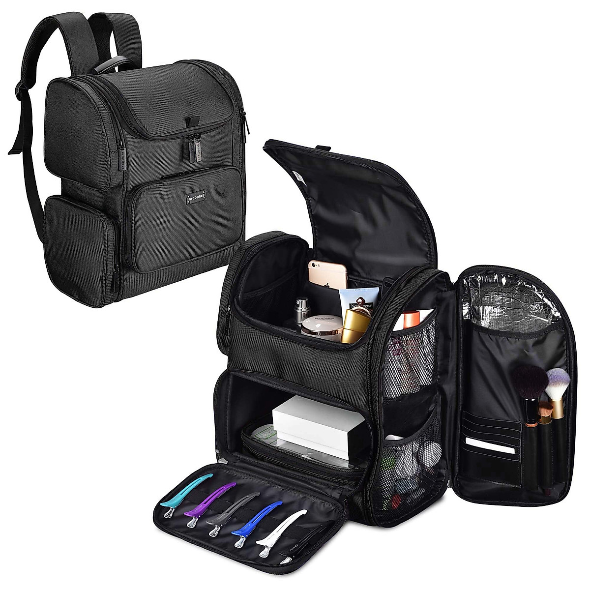 BYOOTIQUE Makeup Backpack Soft Sided Makeup Train Case Barber Cosmetic Bag Double Layer Organize Carry on Travel with Heat Isolation Side Pocket Removable Bag for Makeup Artist Hairstylist, Black