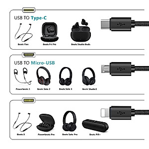 Replacement 3-in-1 Power Charger Cord Charging Cable for Beats by Dr Dre Solo Pro 3 2, Studio 3 2, Studio 1/Buds, Powerbeats Pro 3 2 1, Fit Pro, Flex, Beats X Headphones, Pill+ Plus 2.0 Speakers