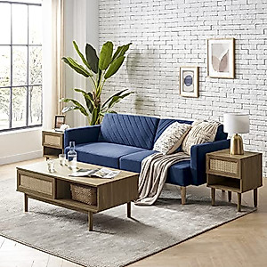 mopio Haylee Modern Boho Rectangle Farmhouse Coffee Table with Adjustable Natural Rattan Wicker Sliding Door, Solid Wood Leg, & Dual Storage Shelf for Living Room, Includes Leveler (Natural Oak)