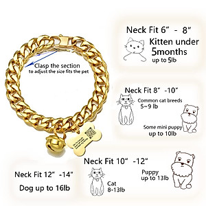 18K Gold Cat Dog Collar Kitten Puppy Stainless Steel Kitten Choker Curb Chew proof Cuban Link Chain with Gold Bell&Personalized custom QR Code Bone Tag