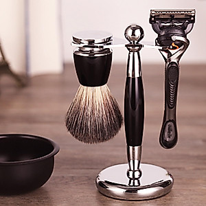 SANWA Grooming Shaving Kit for Men, Deluxe Stainless Steel Shave Razor and Brush Stand with Luxury Shaving Brush Ultra Heavy Acrylic & Steel Handle for Christmas Gift