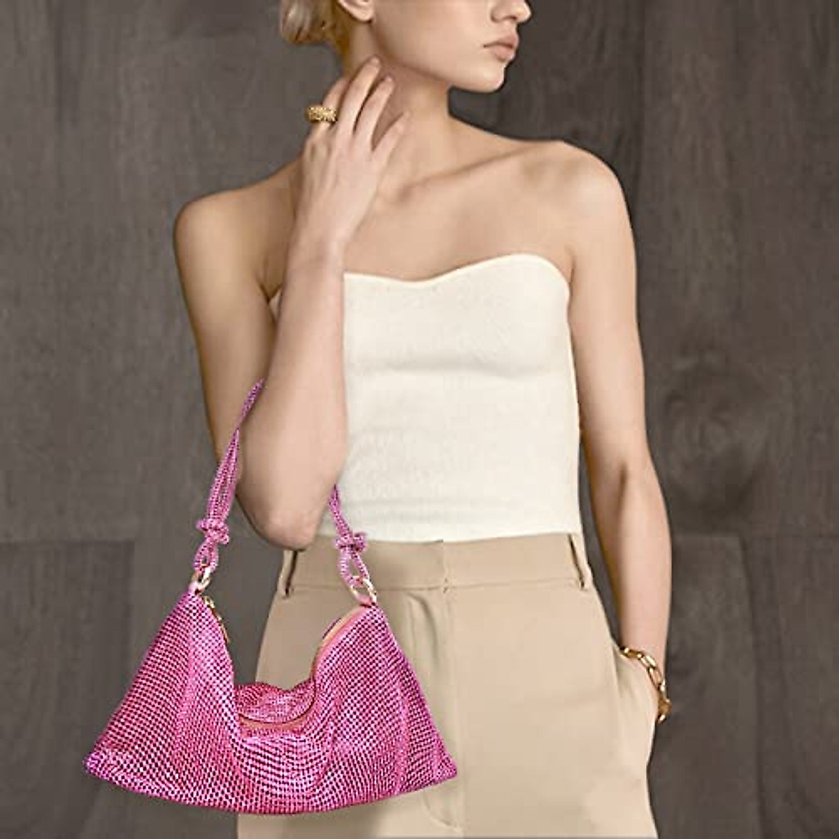 Rhinestone Purse Silver Hobo Purse Sparkly Black Evening Bag for Women Prom Party Wedding-Pink