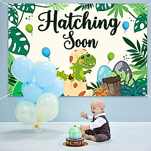 Hatching Soon Backdrop Banner Decor Green - Dinosaur Baby Shower Party Theme Decorations for Welcome Baby Gender Reveal Supplies