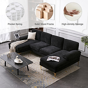 VERYKE U Shape Sectional Sofa Couch,Modern 110'' Chenille Fabric Sectional Couch Sofa, Upholstered Sofa Bed with Golden Metal Legs for Living Room