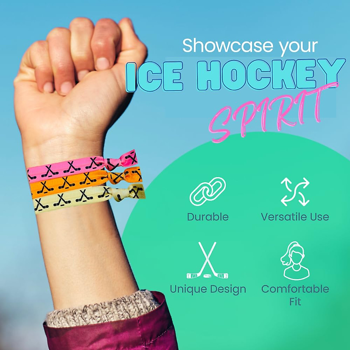 Sportybella Multicolored Hair Ties and Accessories - Elastic No-Crease Set for Girls, Ice Hockey Players & Teams. Ice Hockey Gifts, 8pcs.