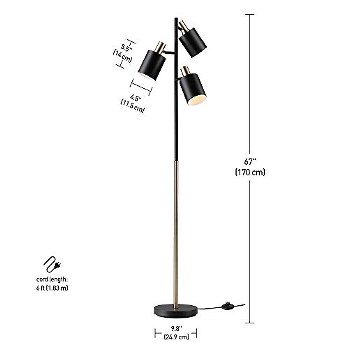 Globe Electric 67354 67" 3-Light Track Tree Lamp, Matte Black, Matte Brass Accents, Floor Lamp for Living Room, Adjustable Lamp, Home Office Accessories, Home Improvement, Reading Lamp