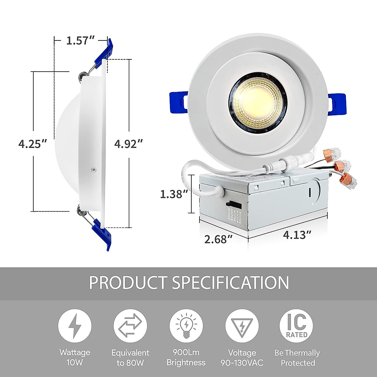 Adetu 4 Inch Gimbal Led Recessed Lights, 360°+90° Adjustable Directional Recessed Lighting, 2700K/3000K/3500K/4000K/5000K Dimmable Retrofit Eyeball Can Lights with Jbox, ETL(White, 6 Pack)