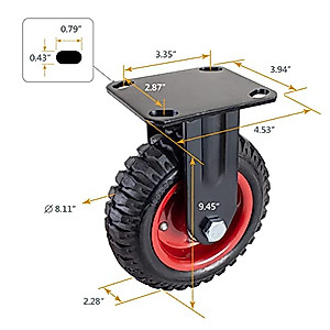 POWERTEC 8 Inch Heavy Duty Fixed Caster Wheels, Pneumatic Plate Casters with Rubber Knobby Tread for Workbench, Dolly, Cart, Trolley, Wagon & Chicken Coop, Large Castor Wheels, 1pk (17053)