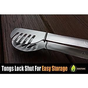 Cave Tools 17" Long Handle Stainless Steel Grill Tongs with Locking Bracket - BBQ Grill Accessories
