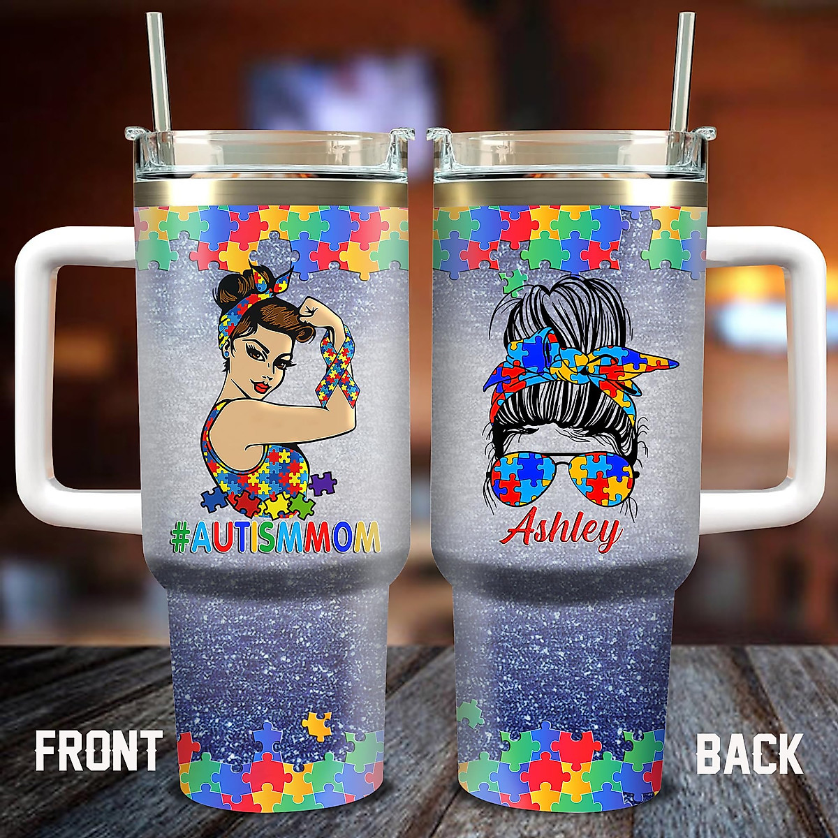 WAZONE Personalized Autism Mom Tumbler 40oz with Handle and Straw Stainless Steel From Daughters Sons For Mommy Mother Mama Customized Name Gifts Idea on Birthday Christmas Mothers Day