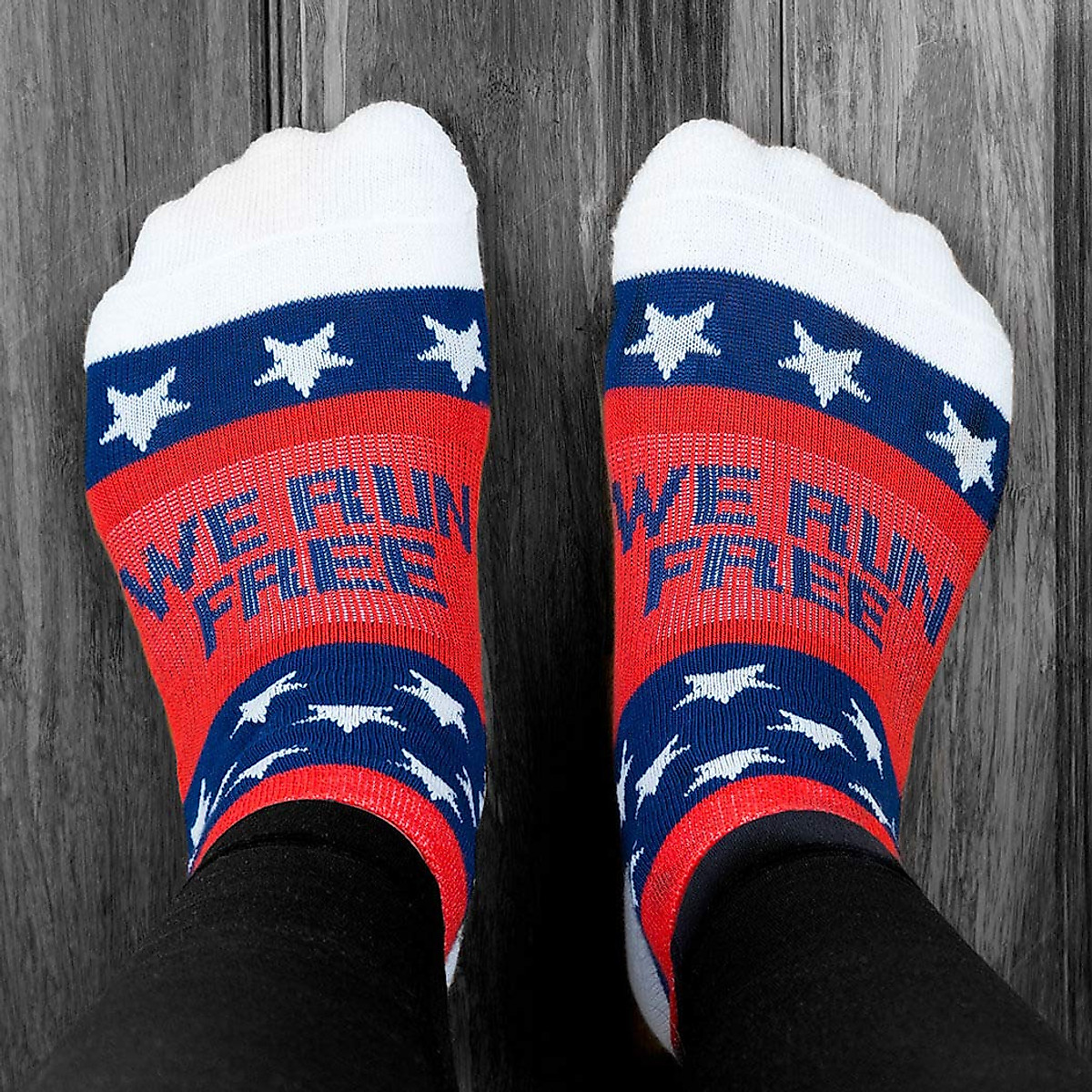 Inspirational Athletic Running Socks | Women's Woven Low Cut | Inspirational Slogans | Over 25 Styles (We Run Free (Red/White/Blue))