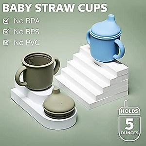 Potchen 2 Pieces Silicone Sippy Cup Training for Baby 6 months+ Soft with Straw Spill Proof Cups Toddlers Handles and Spout Lid Easy Grip 5oz (Blue, Green, Cute Style), (Pack of 1)