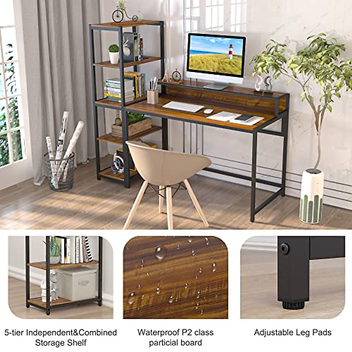 Teraves Computer Desk with 5 Tier Shelves,Reversible Writing Desk with Storage 41 Inch Study Table for Home Office Independent Bookcase and Desk for Multiple Scenes (Desk+Shelves(41in), Teak)