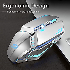 TENMOS T12 Wireless Gaming Mouse Rechargeable, 2.4G Silent Optical Wireless Computer Mice with Changeable LED Light for Laptop PC, 7 Buttons, 3 Adjustable DPI (Silver)