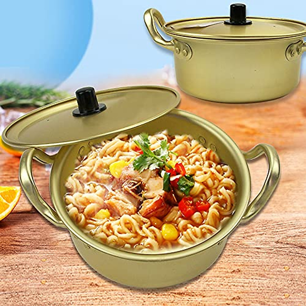 20cm Korean Ramen Cooking Pot with Spoon Chopsticks Lid Ramen Pot Fast Heating Instant Noodle Soup Korean Korean Ramen Noodle Pot Fast Heating For Kitchen Cookware(Gold)