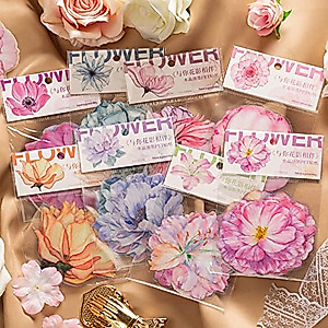 LakoArt 80 Pieces Large Size Transparent Waterproof Flower Stickers Set, Decorative Floral Clear Vinyl Wall Decals for Planner Scrapbook Aesthetic Room Decor Junk Journal Bullet Journals Collage