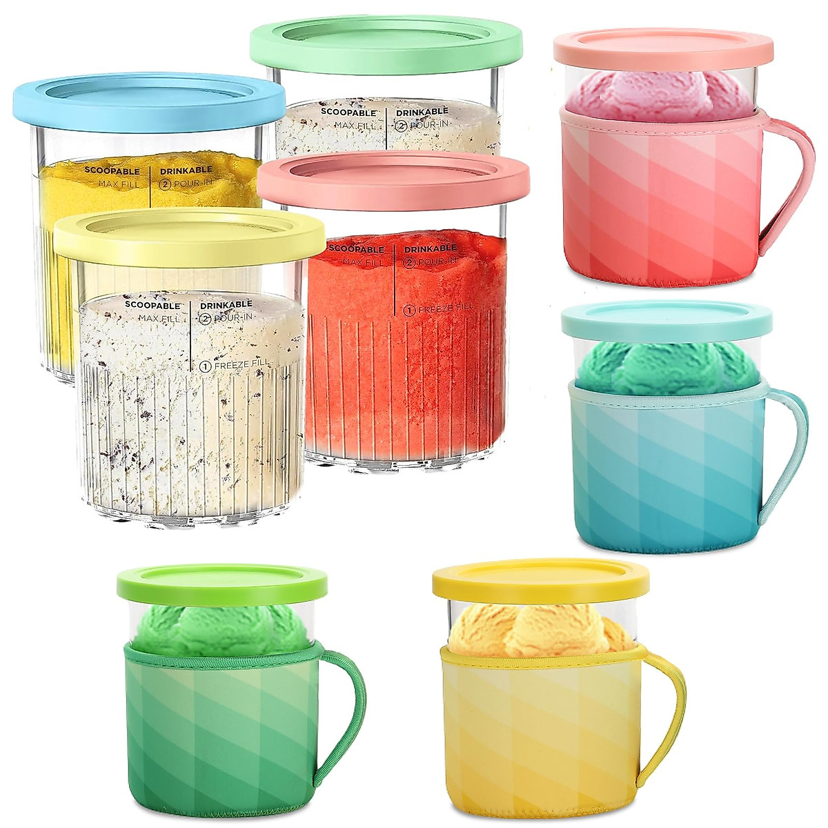 OVRRCSME Deluxe Ice Cream Pints Neoprene Sleeves 4 Pack，Compatible with Ninja Creami NC501 NC500 Series 24oz Ice Cream Maker Containers (24oz 4 Cups+4 Sleeve)